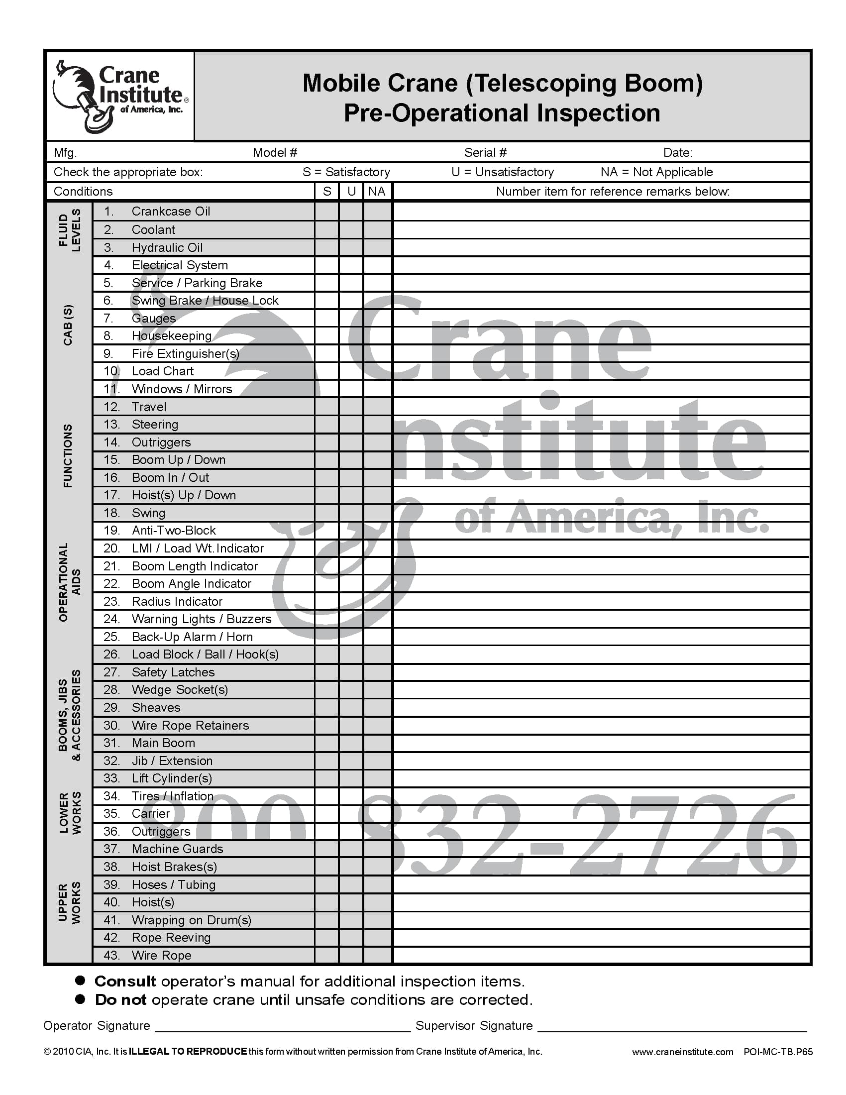 Pre-Operational Checklist - Telescoping Boom – Training Crane Institute
